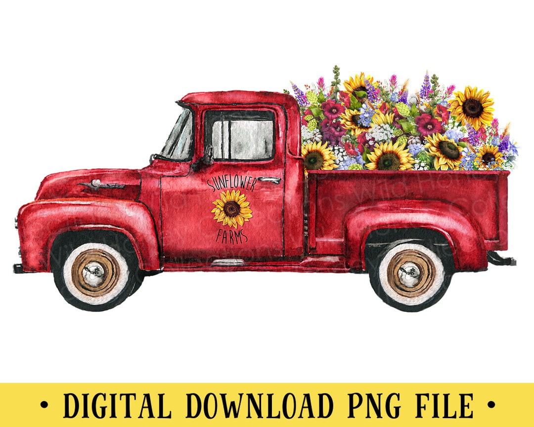 Vintage Red Truck, Sunflowers, Watercolor, PNG File, Crafting ...