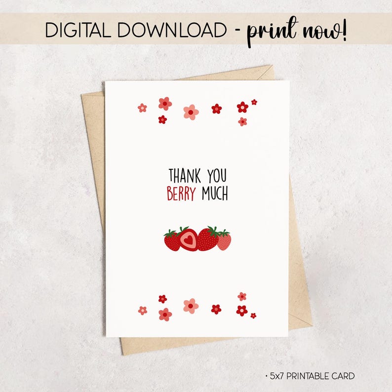 Printable Thank You Card | Thank You Berry Much | Strawberry & Floral ...