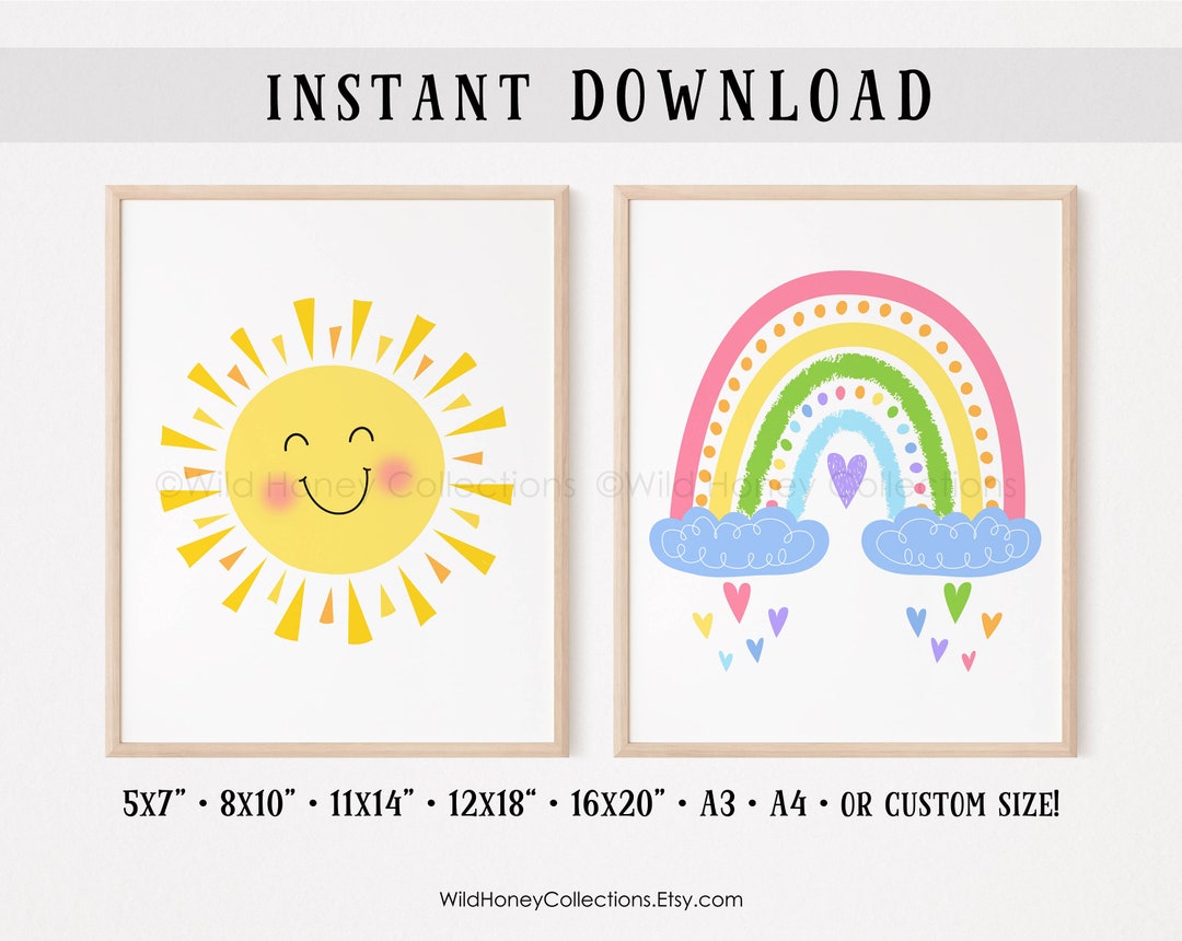 Sunshine Rainbow Kids Room Prints: Set of 2 Nursery Wall Art (digital ...