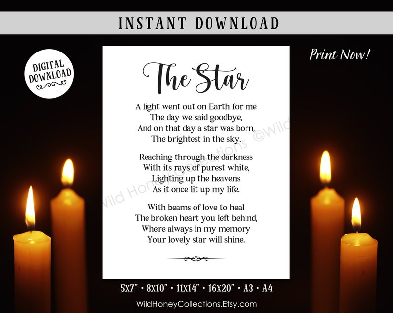 The Star, Funeral Poem, Lost Loved One Poem, in Memory Of, Grief ...