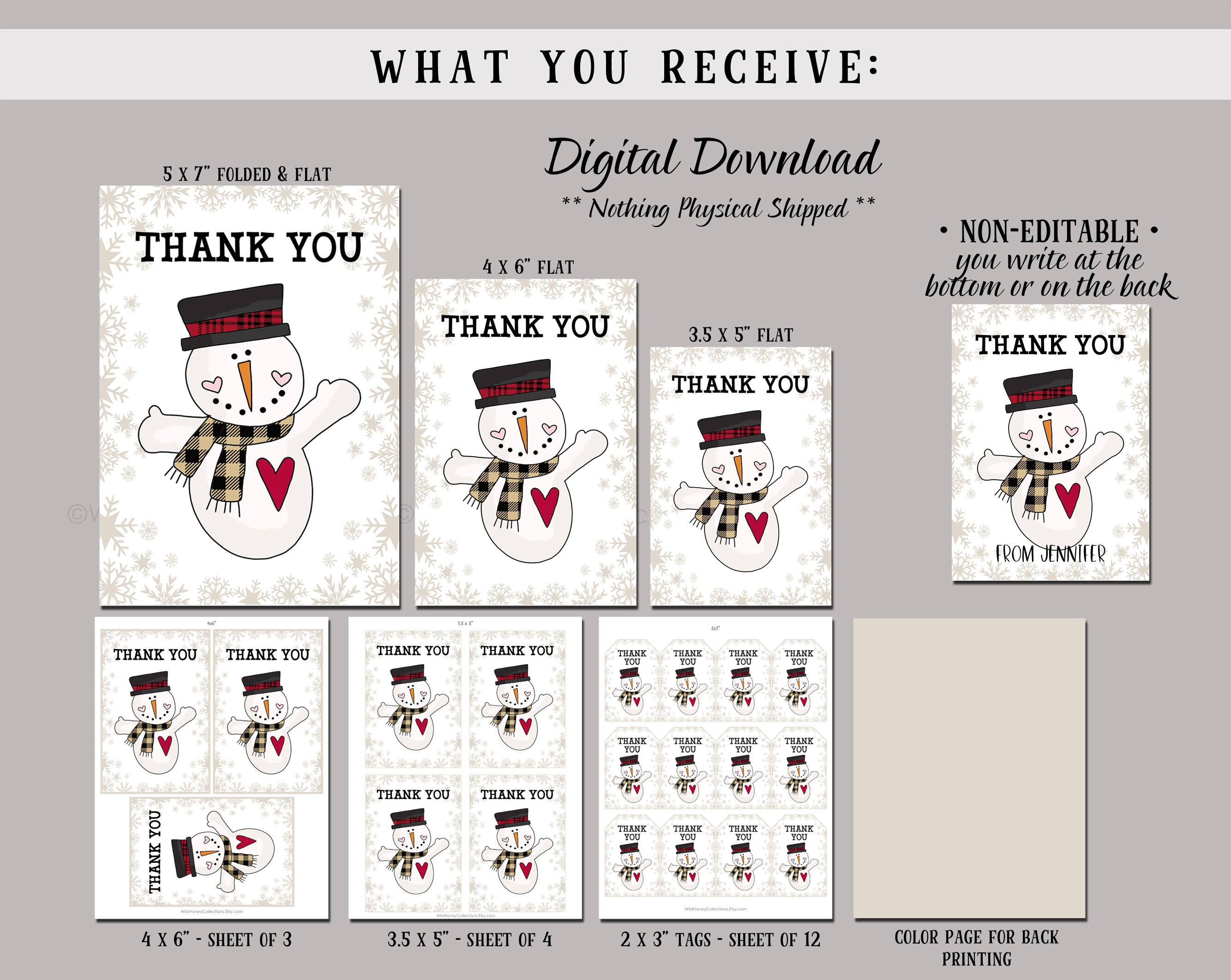 Printable Snowman Thank You Card & Tags: Winter Design (digital ...