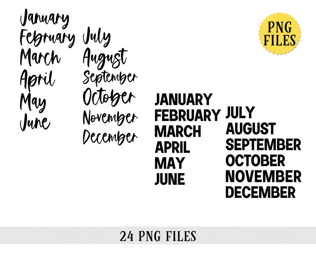 Months, PNG Files, January Through December, Print, Cursive, DIGITAL ...