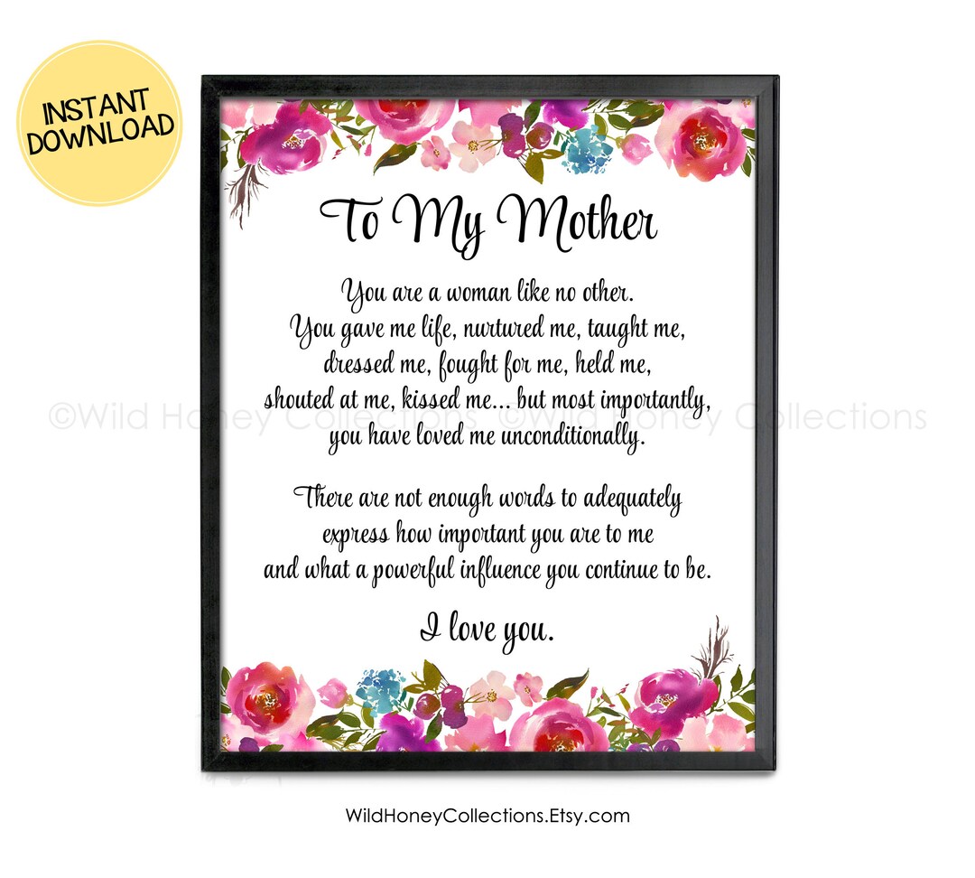 Mom Poem, to My Mother, Printable Gift for Mom, Mother's Day Gift ...