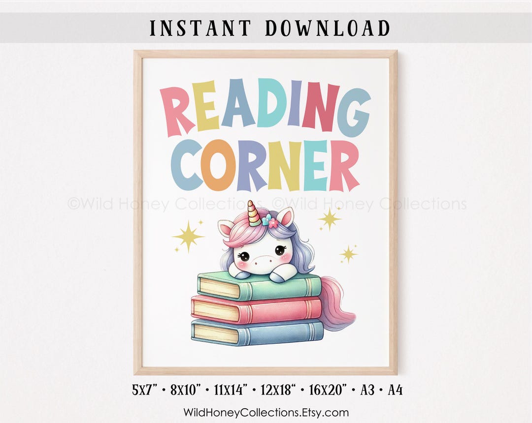 Reading Corner Sign | Cute Unicorn Book Nook Poster | Digital Kids Wall ...