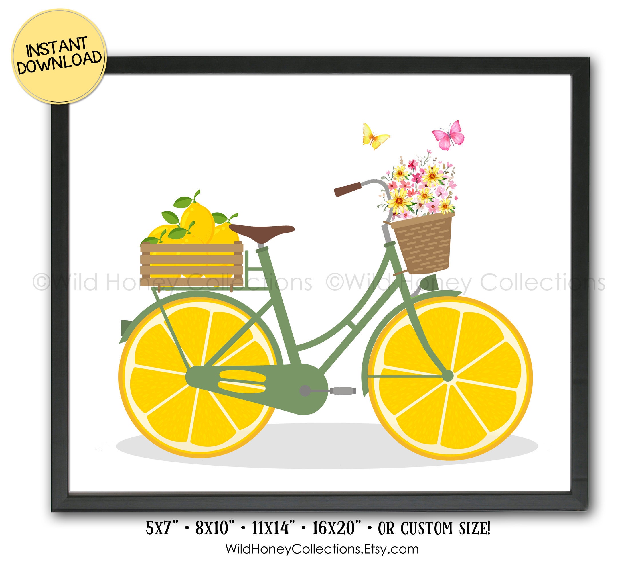Lemon Bicycle Printable Decor Farmhouse Spring Decor Green | Etsy