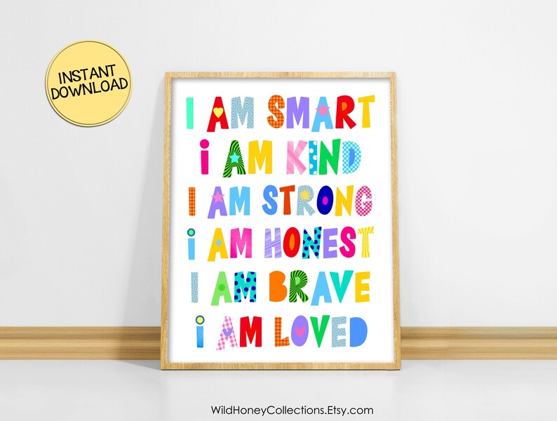 Affirmations Printable Kids Room Wall Art I Am Smart Kind - Etsy