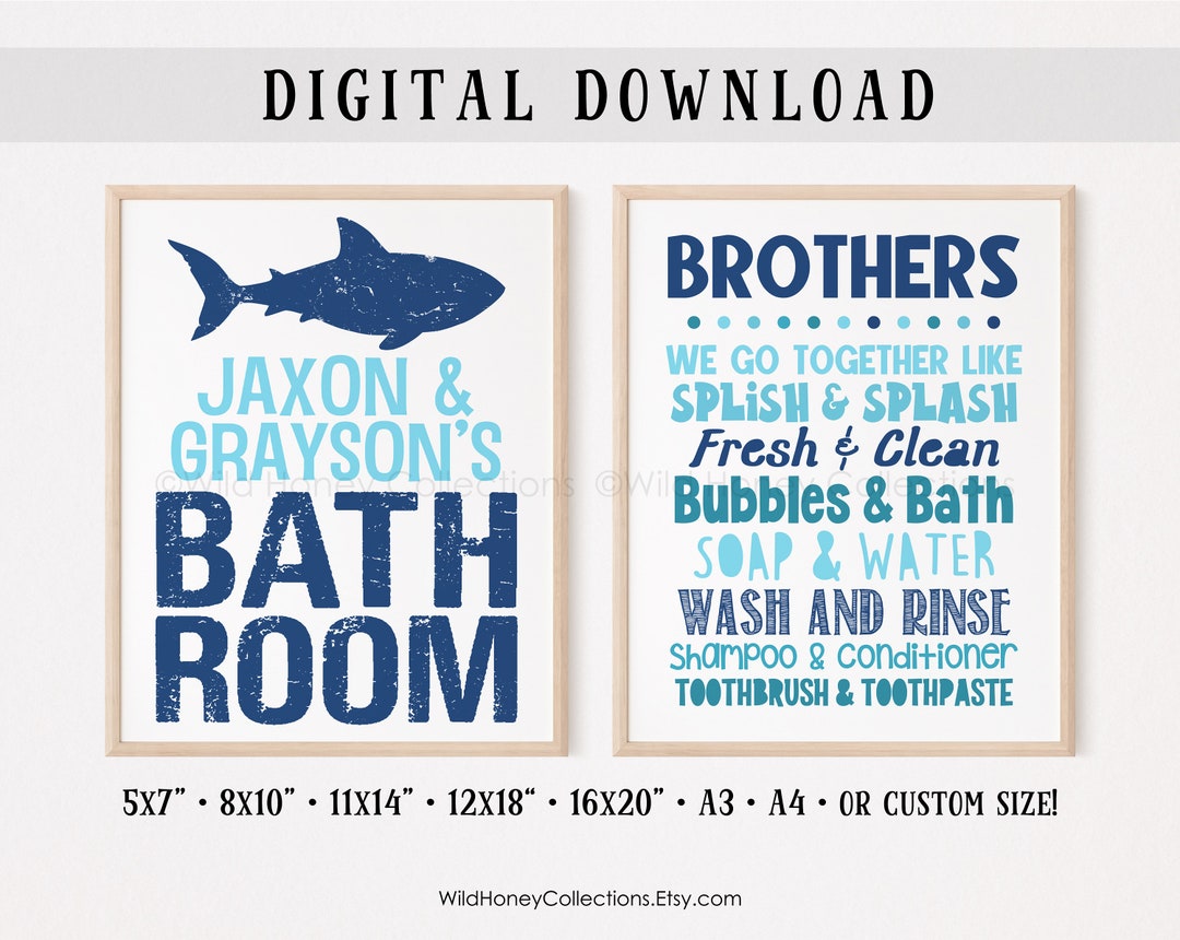 Personalized Navy & Aqua Bathroom, Shark Printable Decor, Brothers ...