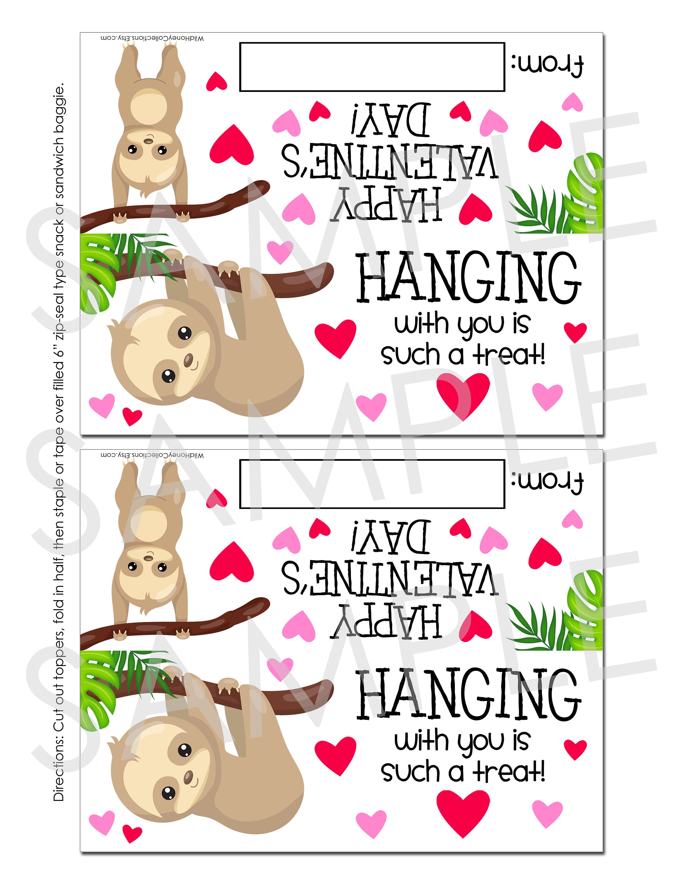 Sloth Valentine Treat Topper, Printable Favor Topper, Cute Sloth ...