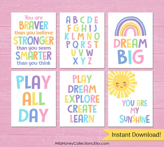 Playroom Printables Set of 6 Nursery Wall Art Girls Room | Etsy