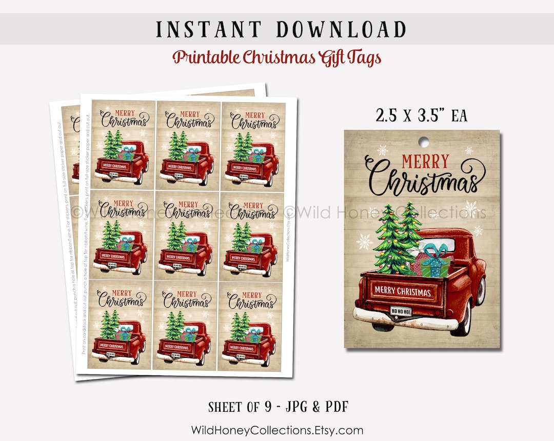 Merry Christmas Vintage Red Truck Printable Gift Tags, Favor Tags ...