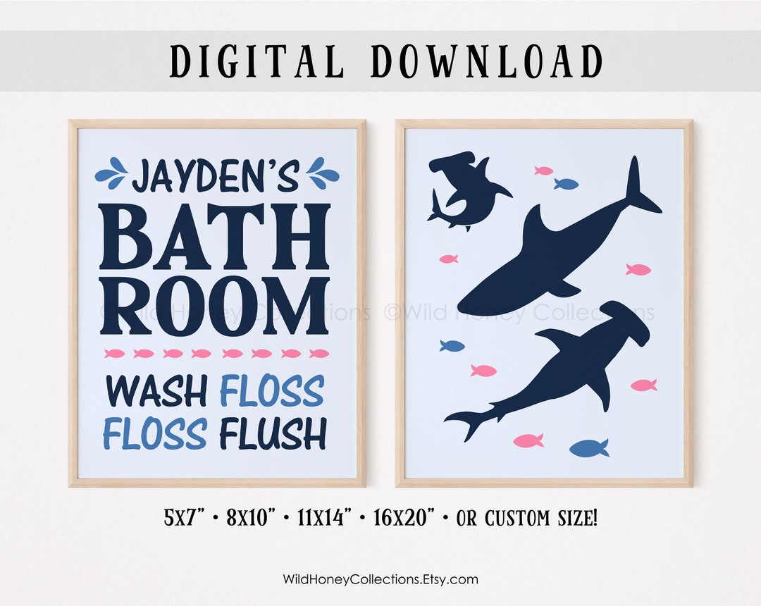 Personalized Navy & Aqua Blue Bathroom, Shark Printable Decor, Wash ...