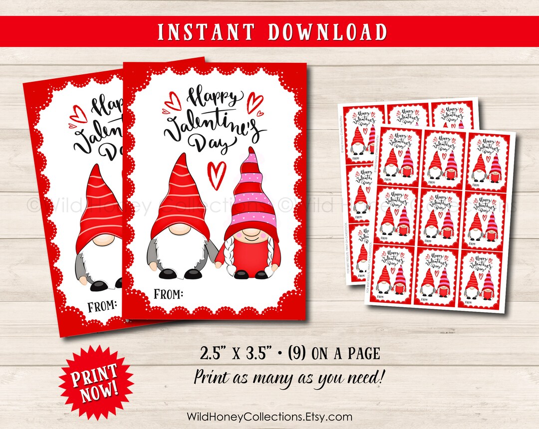 Gnome Valentine Gift Tags, Printable Valentine's Day Gnome Couple Tags ...