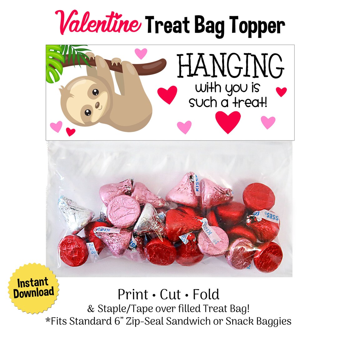 Sloth Valentine Treat Topper, Printable Favor Topper, Cute Sloth ...