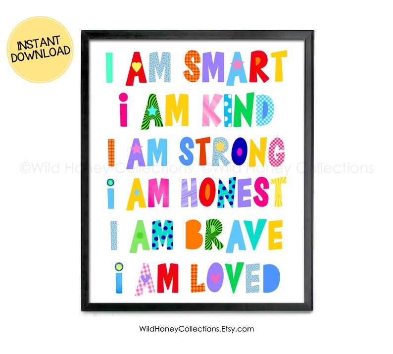 Affirmations Printable Kids Room Wall Art I Am Smart Kind - Etsy