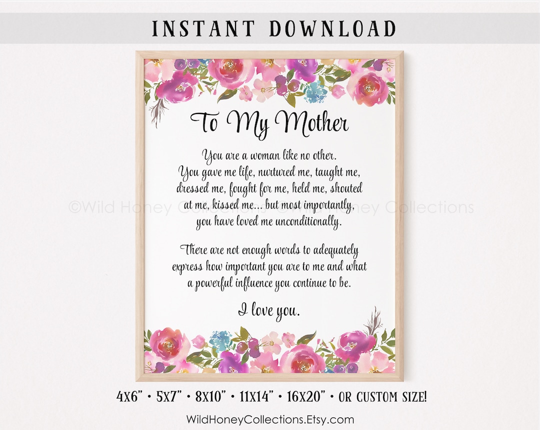 Mom Poem, to My Mother, Printable Gift for Mom, Mother's Day Gift ...