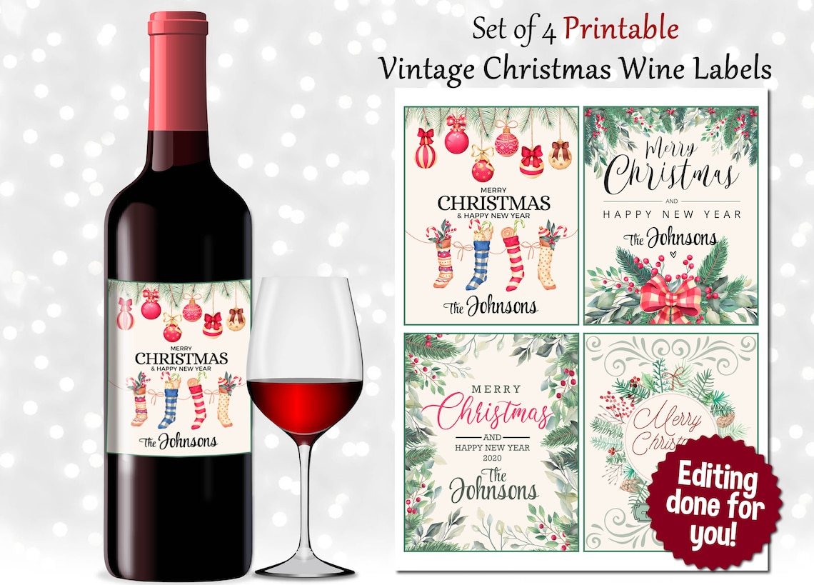 Printable Vintage Christmas Wine Bottle Labels Personalized - Etsy
