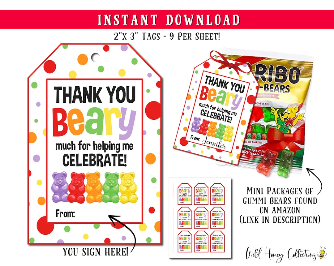 Printable Gummi Bear Favor Tags, 2" X 3", 9 per Sheet, Thank You Tags ...