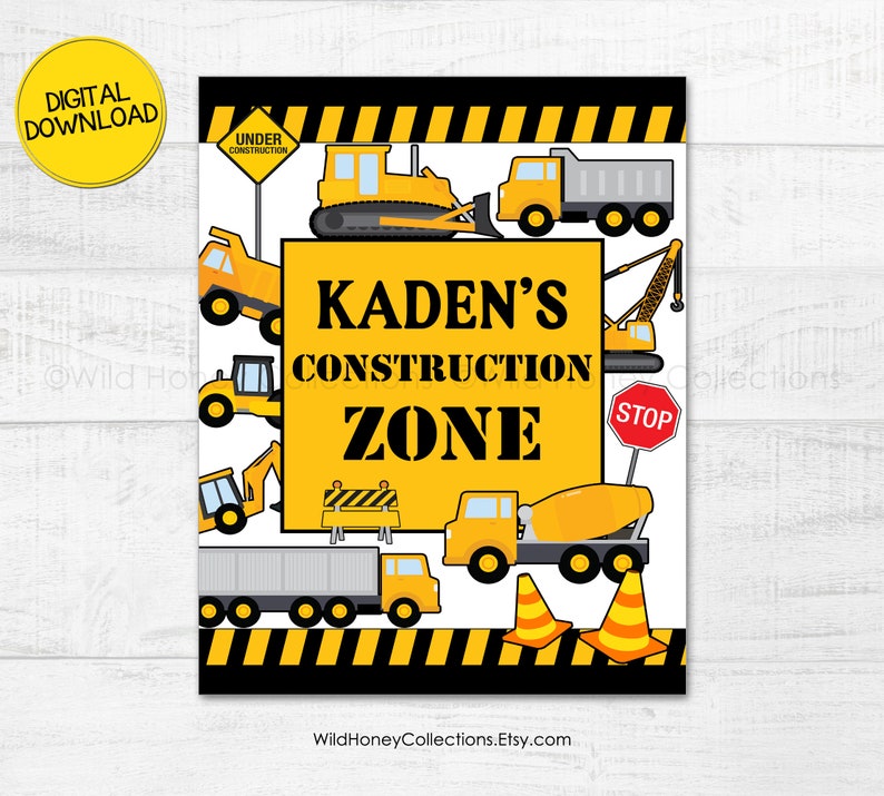 Construction Zone Sign, Printable Kids Room Wall Art, Personalized ...