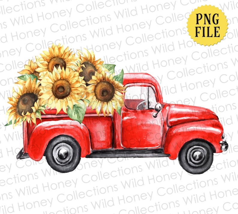 Vintage Red Truck Sunflowers Watercolor PNG File Crafting - Etsy