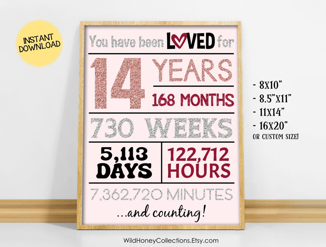 You Have Been Loved for 14 Years, Printable Poster, 14th Birthday, Rose ...