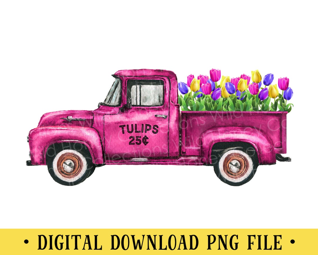 Vintage Pink Truck, Tulips, Watercolor, PNG File, Spring Flowers ...