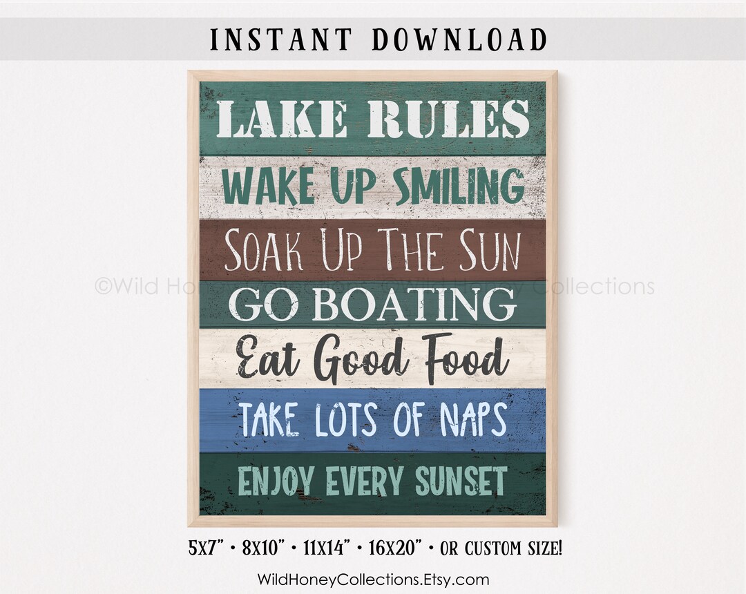 Lake Rules, Lake House Decor, Printable Wall Art, Rustic Lake Cabin ...