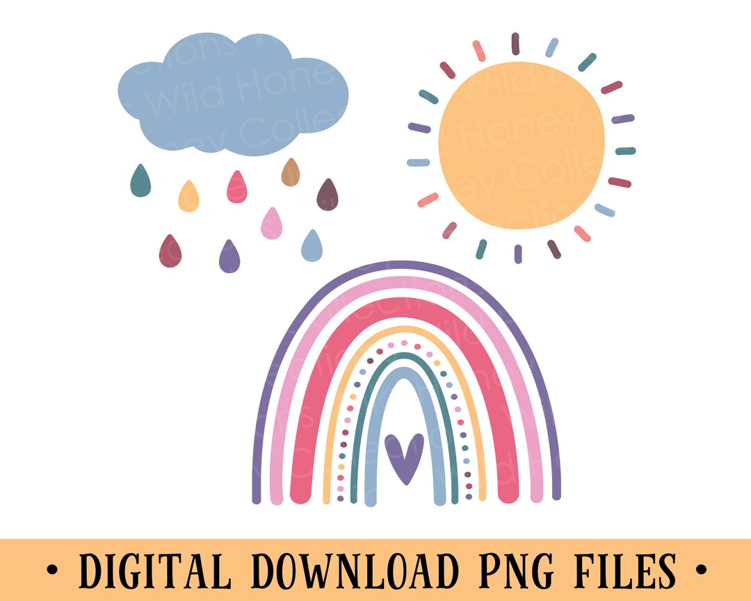Boho Sun, Rainbow, Clouds, Raindrops, PNG, Soft Colors, Muted Colors ...
