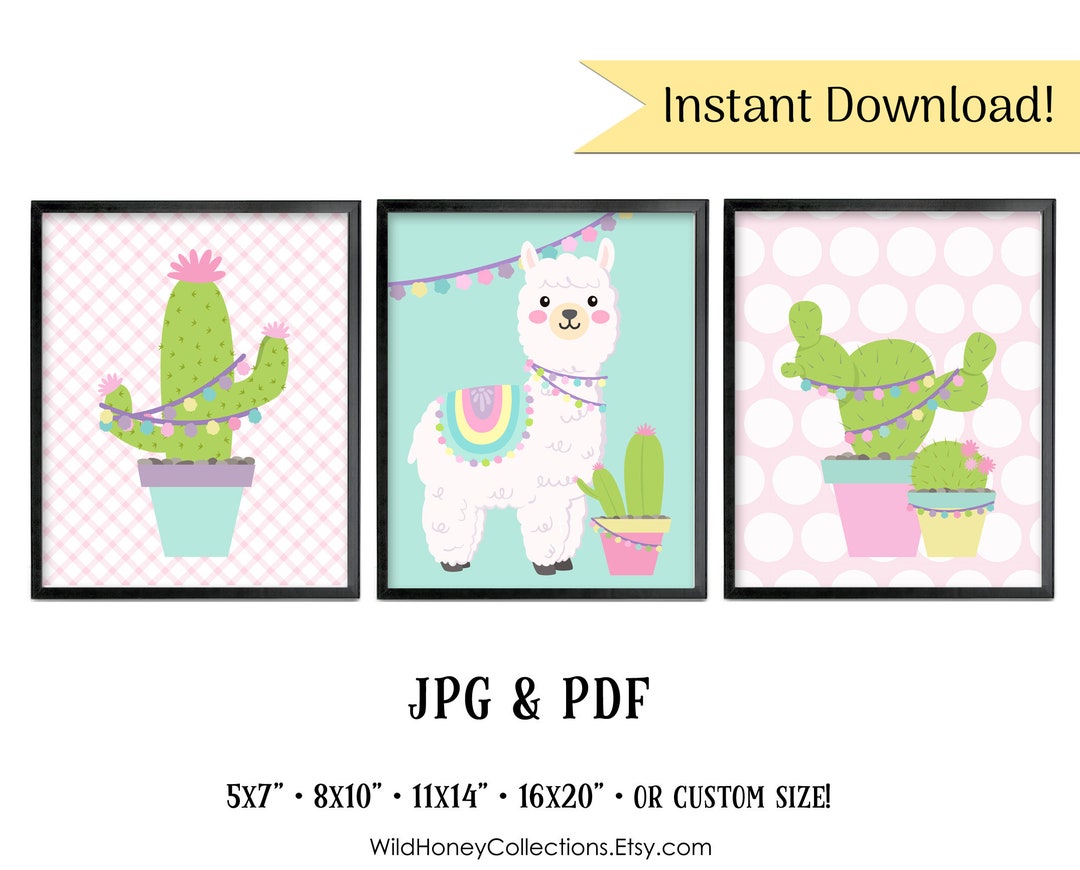 Llama Cactus Printable Wall Decor, Girls Room, Pink & Mint, Wall Art ...