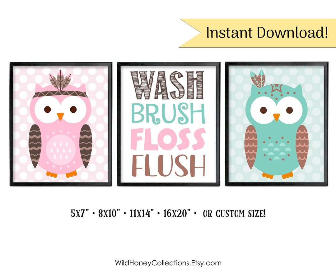 Girls Bathroom Boho Owls Printable Wall Art Pink Green - Etsy