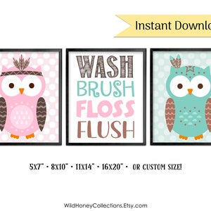 Girls Bathroom Boho Owls Printable Wall Art Pink Green - Etsy