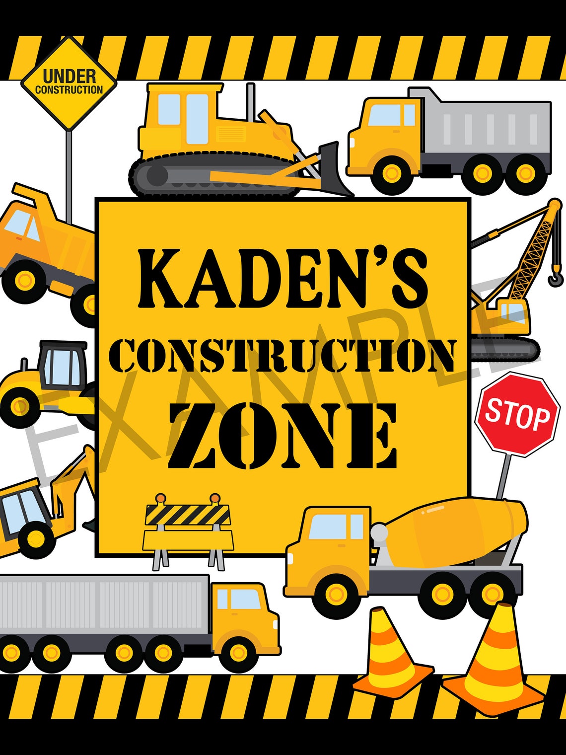 Construction Zone Sign, Printable Kids Room Wall Art, Personalized ...