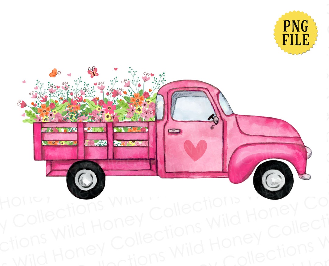 Vintage Pink Truck, Spring Flowers, Watercolor, Antique Truck, PNG File ...