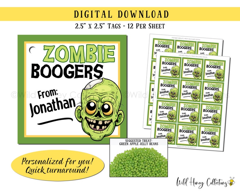 PRINTABLE Zombie Boogers Treat Tag, 2.5" 2.5", Personalized for You ...