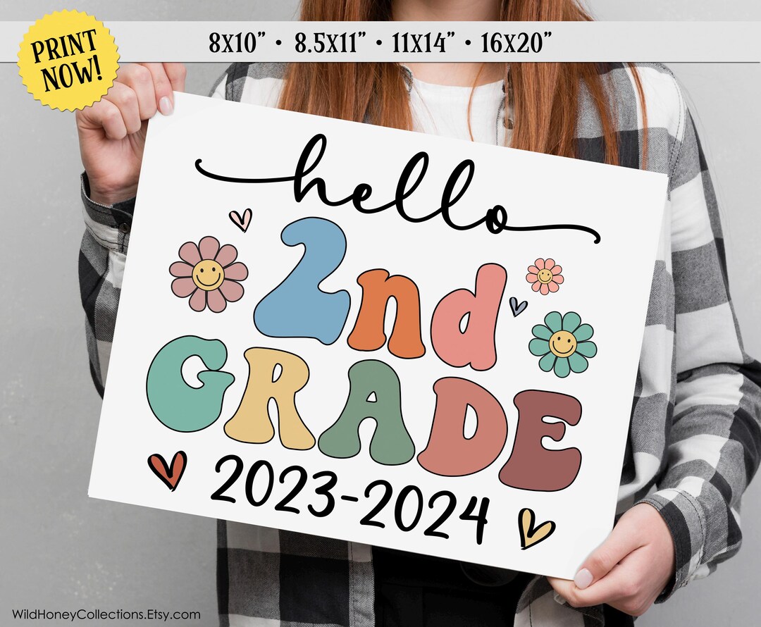 Hello 2nd Grade, First Day of 2nd Grade, Printable School Sign, Retro ...