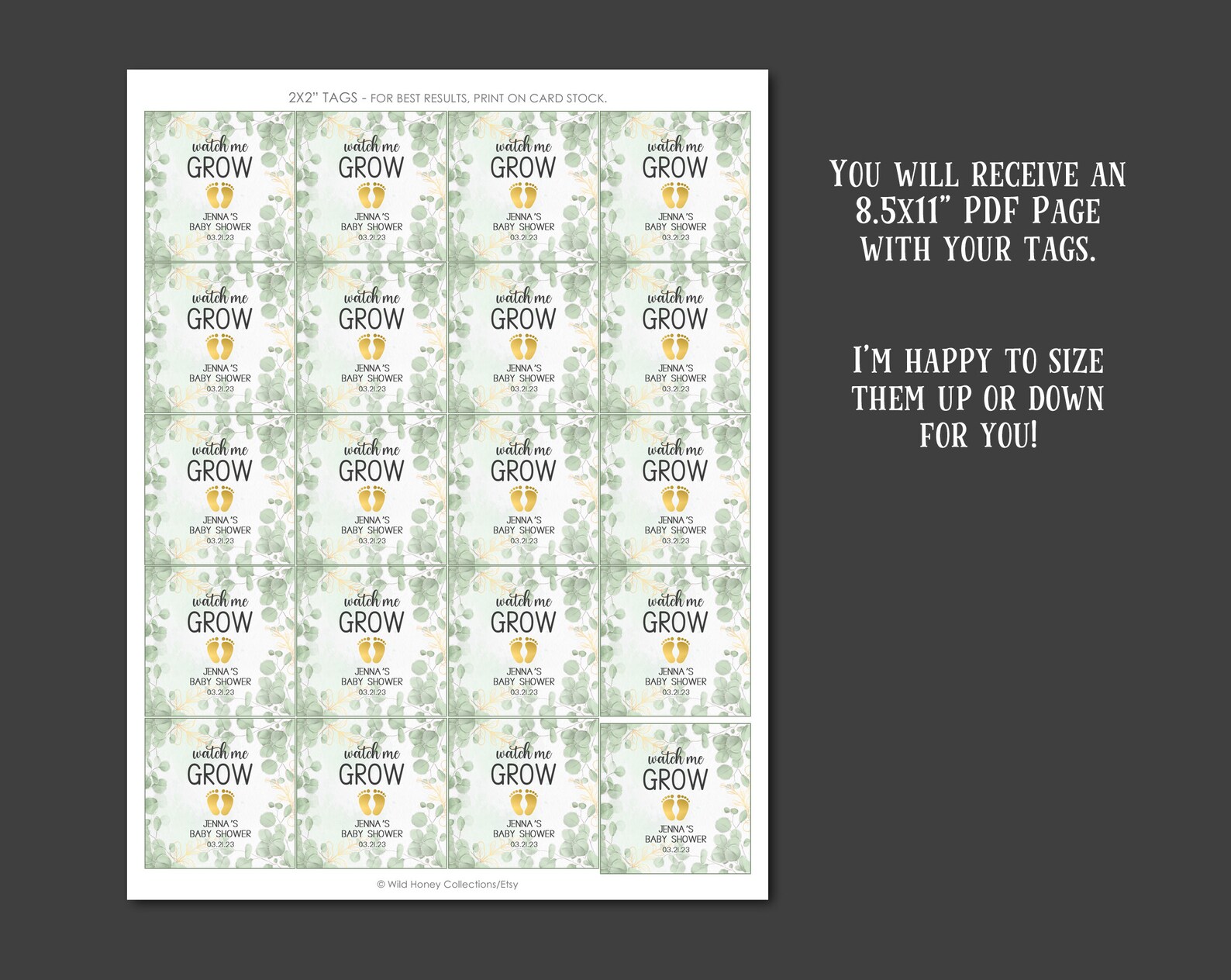 Watch Me Grow, Printable Plant Gift Tags, Baby Shower Favor Tags ...
