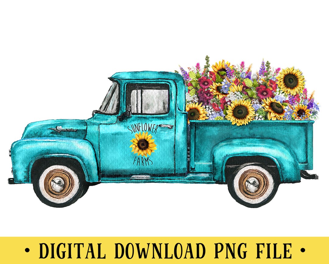 Vintage Blue Truck, Sunflowers, Watercolor, Turquoise Blue, PNG File ...