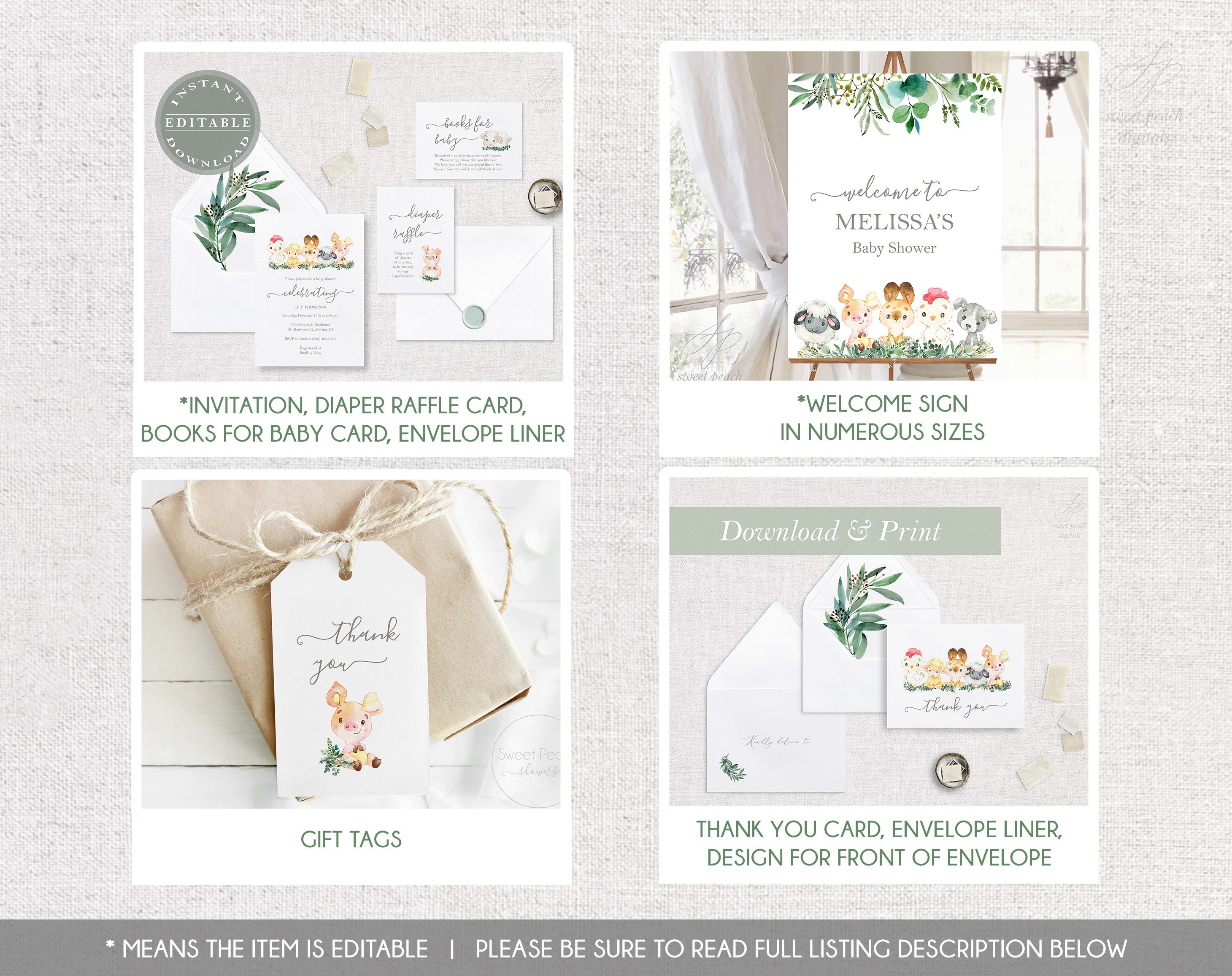 Farm Baby Shower Bundle Barnyard Invitation Decor Thank You Card Gift ...