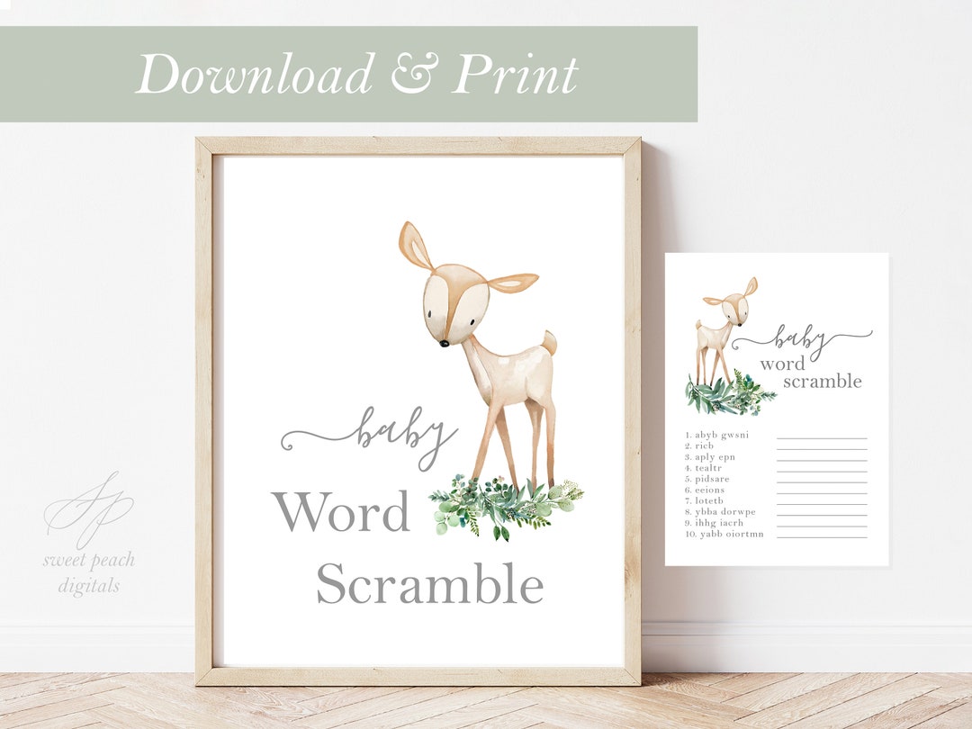 Woodland Game Word Scramble Baby Shower Card Girl Print Forest Animal ...