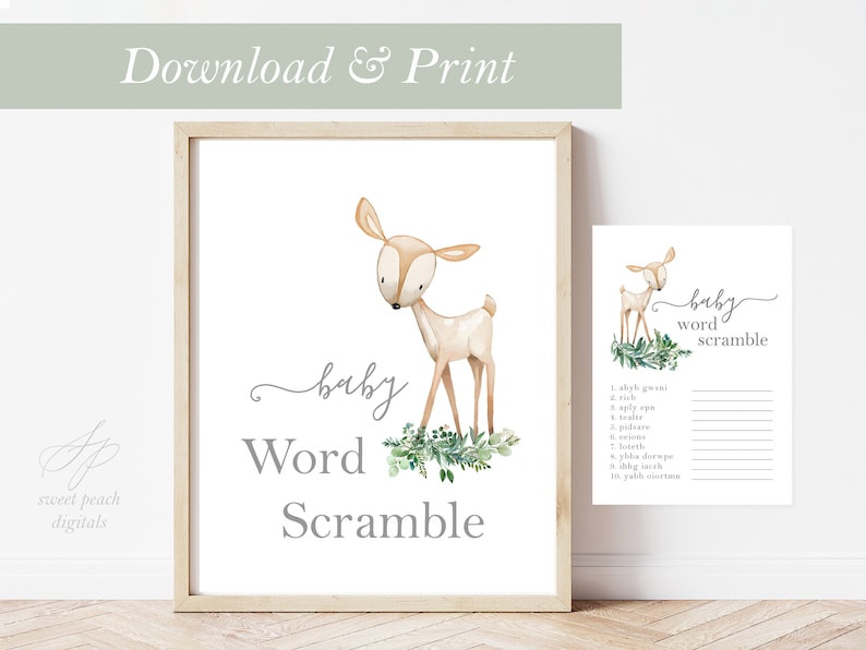 Woodland Game Word Scramble Baby Shower Card Girl Print Forest Animal ...