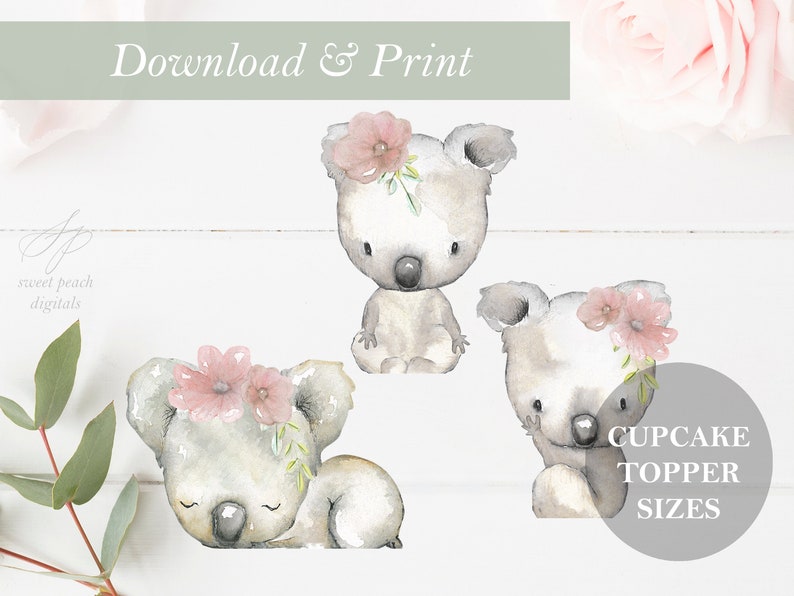 Digital Cupcake Topper Koala Bear Printable Cup Cake Toppers Girl Baby ...