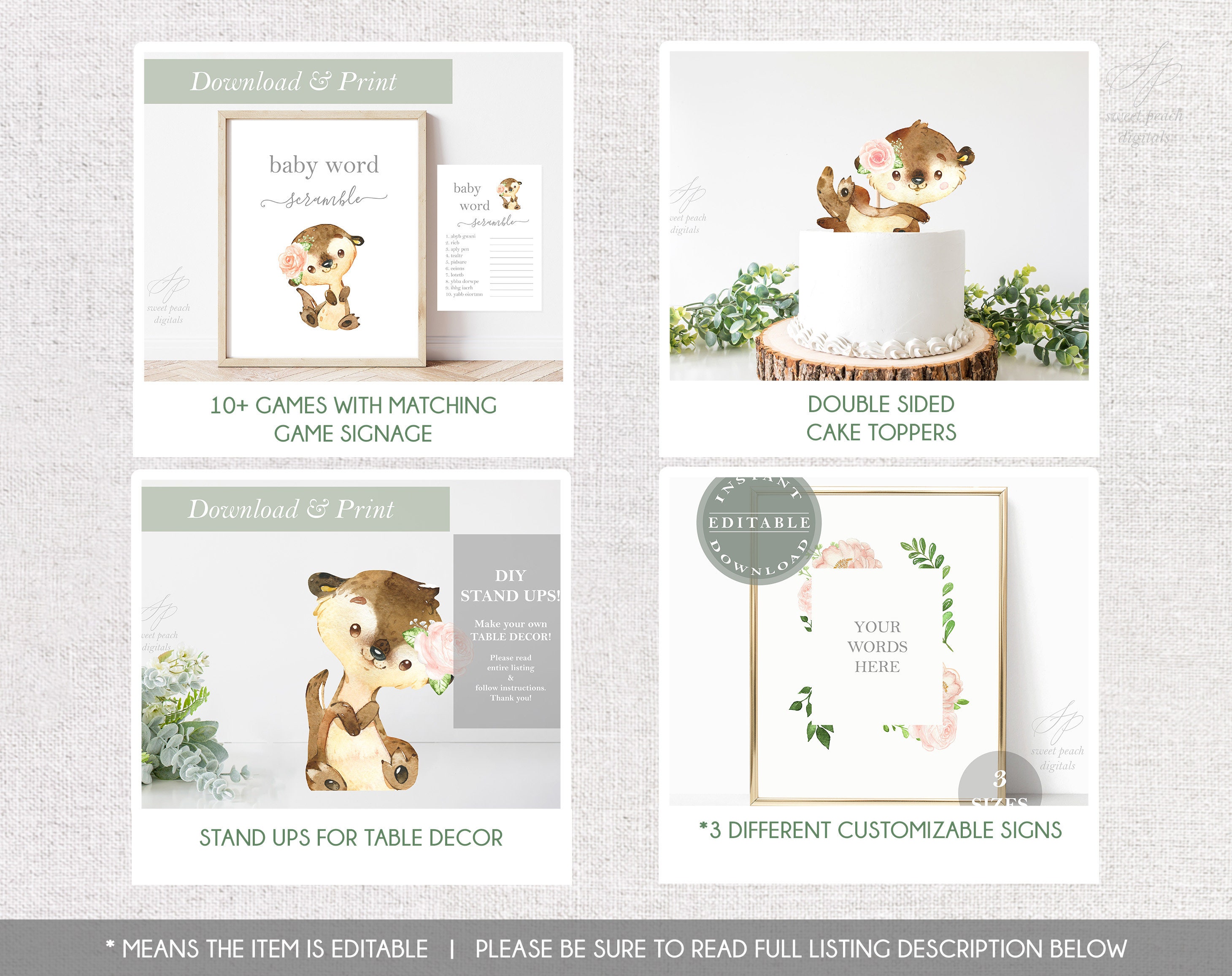 Girl Otter Digital Bundle Baby Shower Forest Woodland Invitation Decor ...