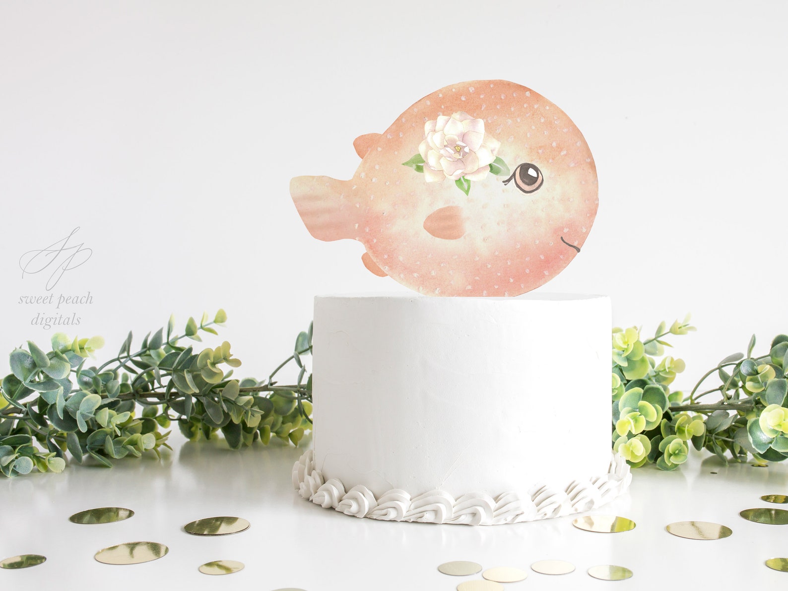 Puffer Fish Topper Baby Shower Birthday Party Double Sided Digital ...