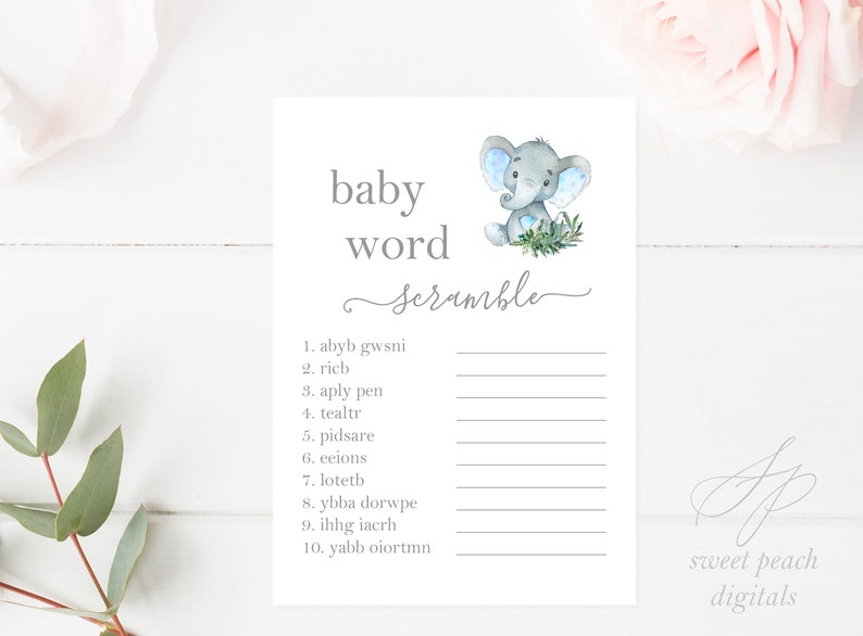 Safari Baby Shower Game Word Scramble Elephant Sign and Card - Etsy