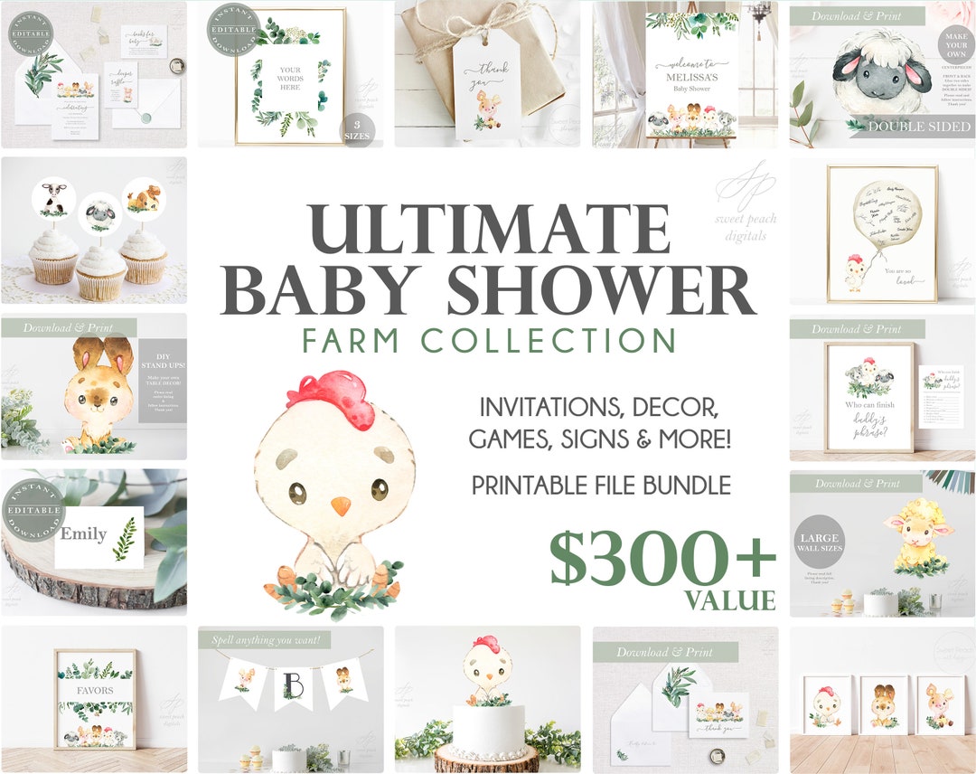 Farm Baby Shower Bundle Barnyard Invitation Decor Thank You Card Gift ...
