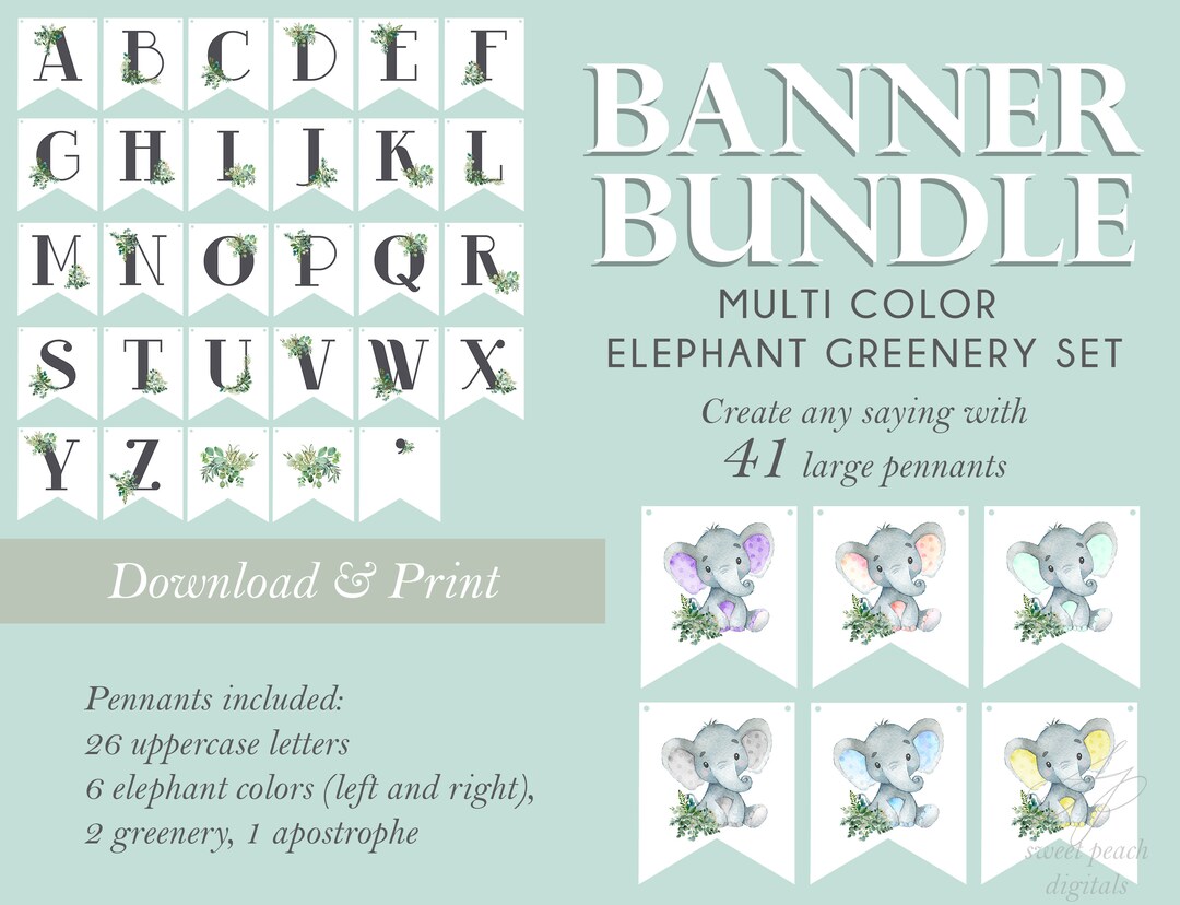 Rainbow Elephant Banner Safari Baby Shower Jungle Party Birthday Animal ...