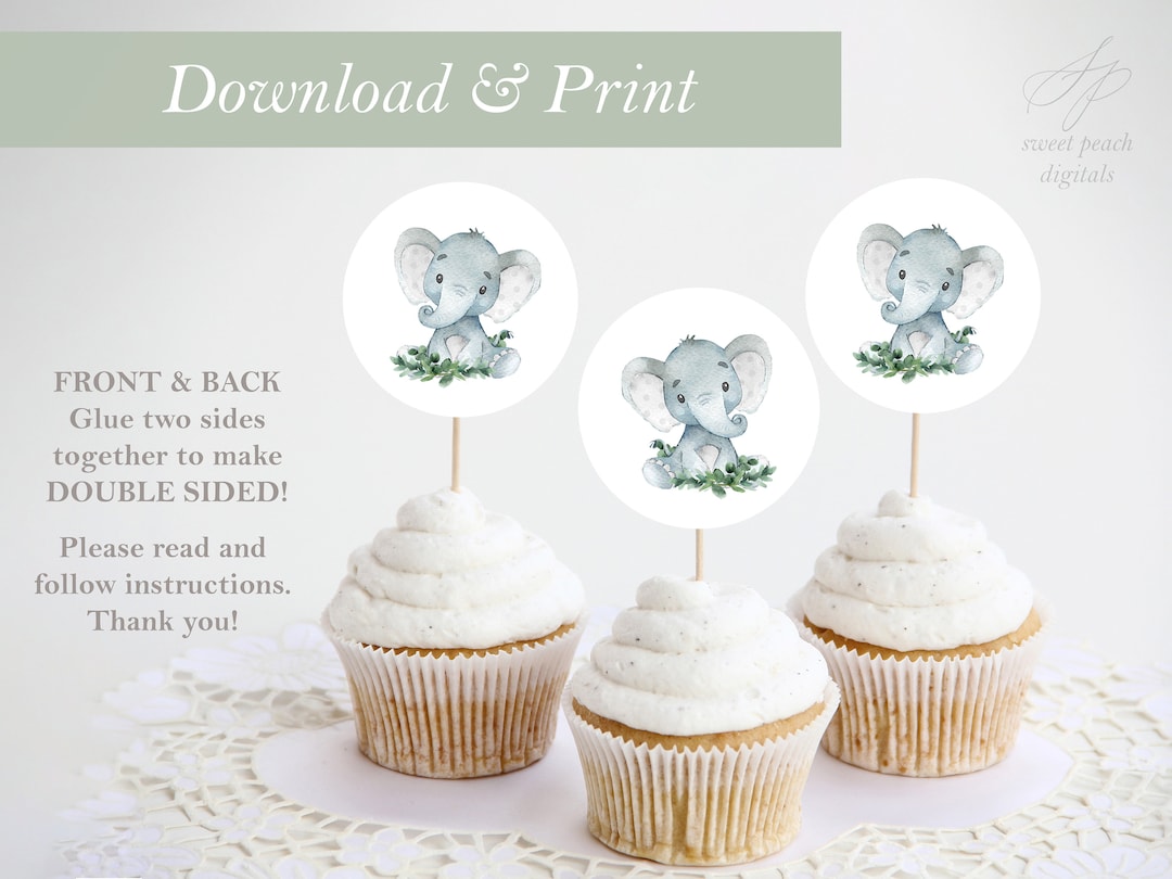 Elephant Cupcake Topper Digital Printable Cup Cake Decoration Baby ...
