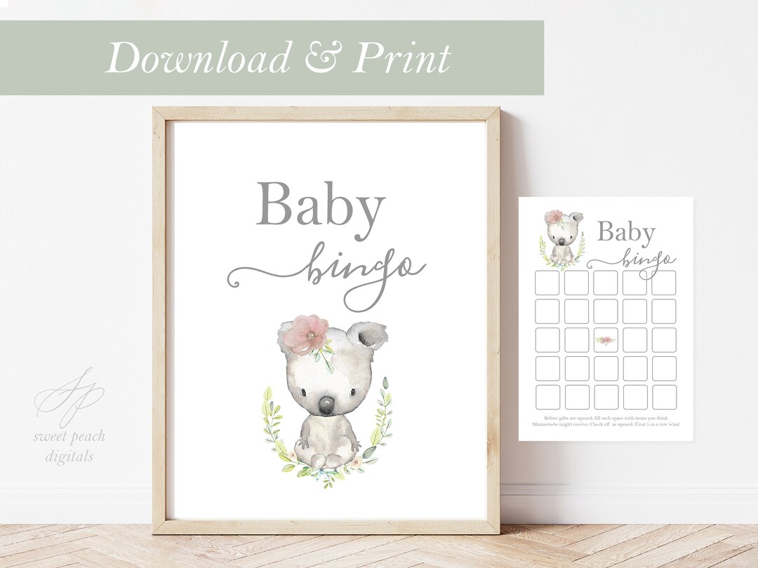 Koala Baby Shower Game Baby Bingo Card Present Girl Print Australian ...