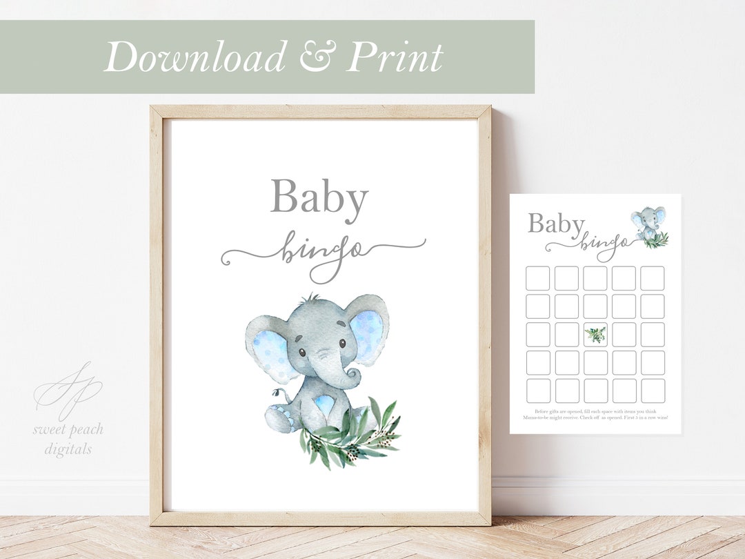 Safari Baby Shower Game Bingo Elephant Sign and Card Printable Jungle ...
