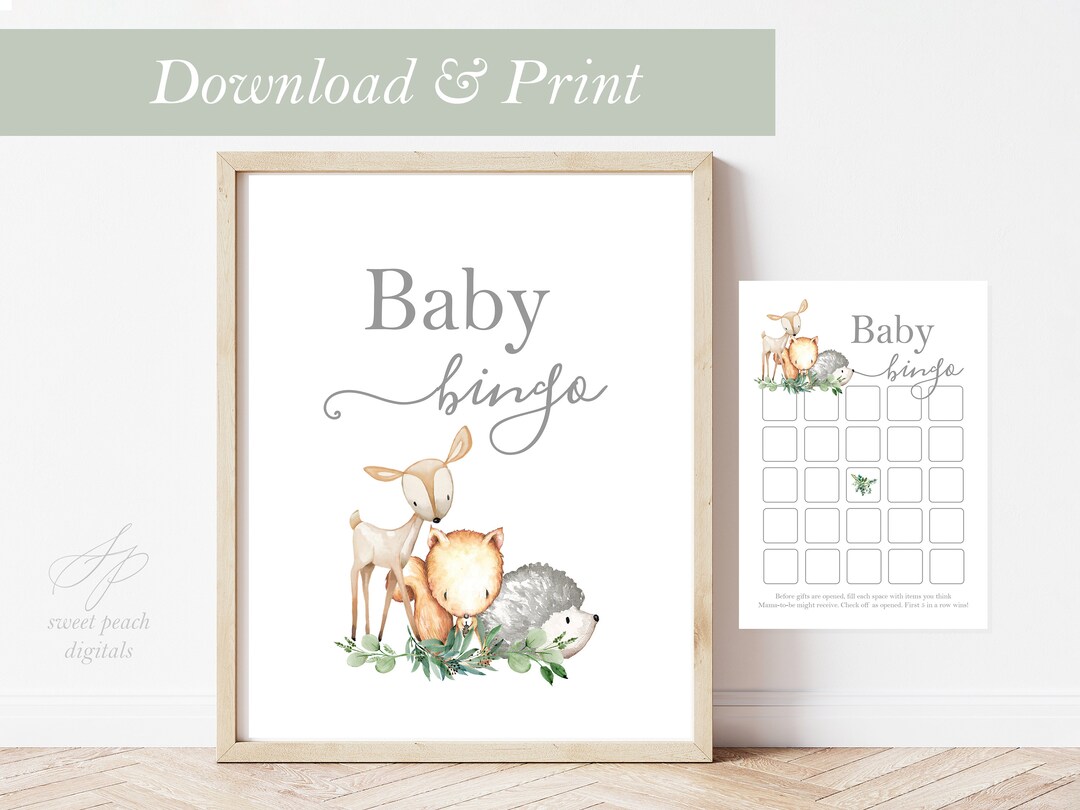 Woodland Games Baby Bingo Shower Card Girl Print Forest Animal Fawn Fox ...