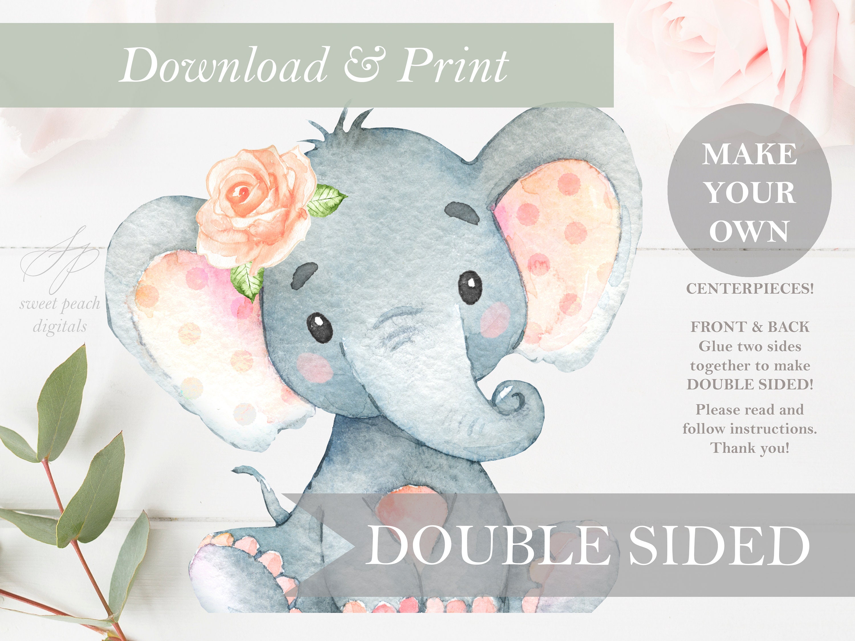 Elephant Table Decor Flower Double Sided Cut Out Printable - Etsy Canada